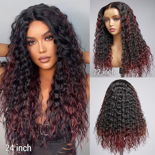 Burgundy Tails Highlight Deep Wave 13x4 Frontal HD Lace Long Wig 100% ...