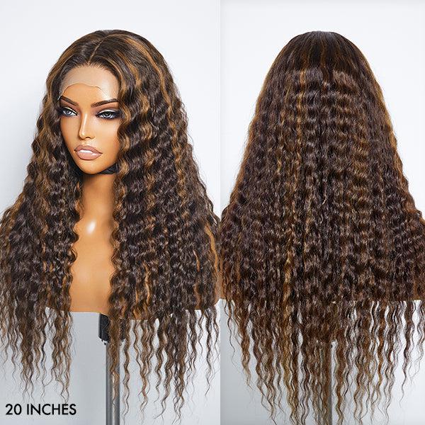 Brown Highlights Curly 5×5 Closure Lace Glueless Mid Part Long Wig 100 ...